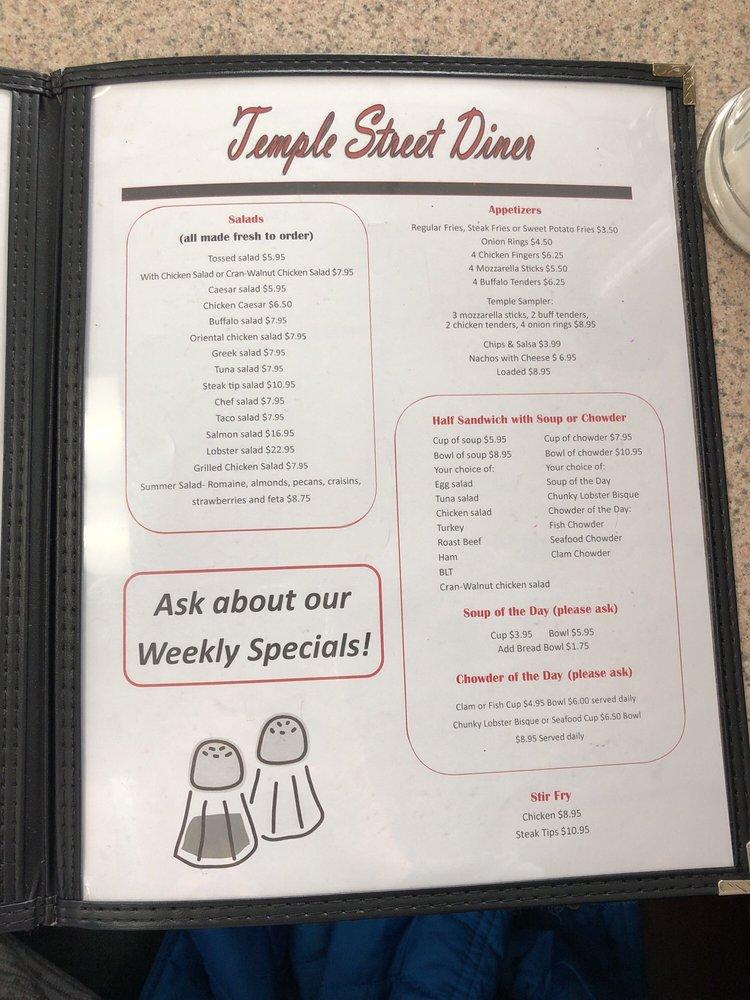 Menu at Temple Street Diner restaurant, Nashua