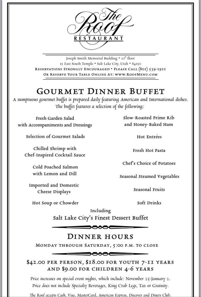 Menu at The Roof restaurant, Salt Lake City