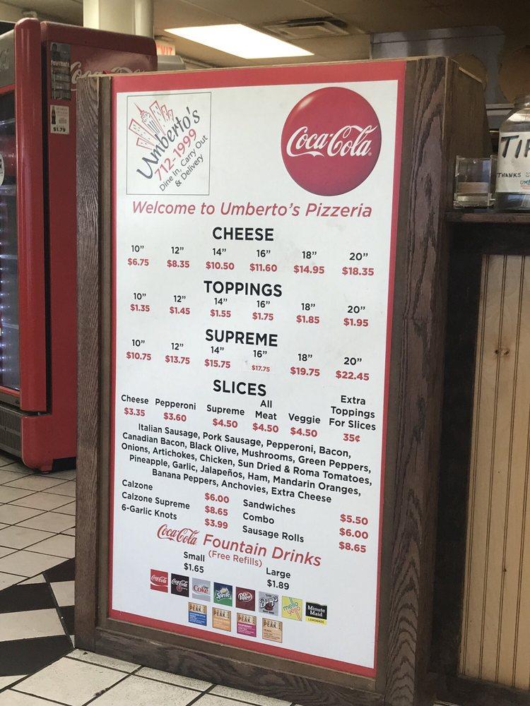 Menu at Umberto's pizzeria, Tulsa, S Harvard Ave