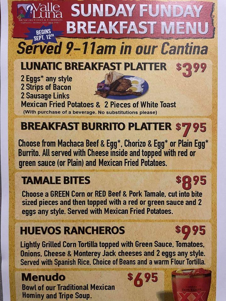 Menu at Valle Luna restaurant, Phoenix, W Bell Rd