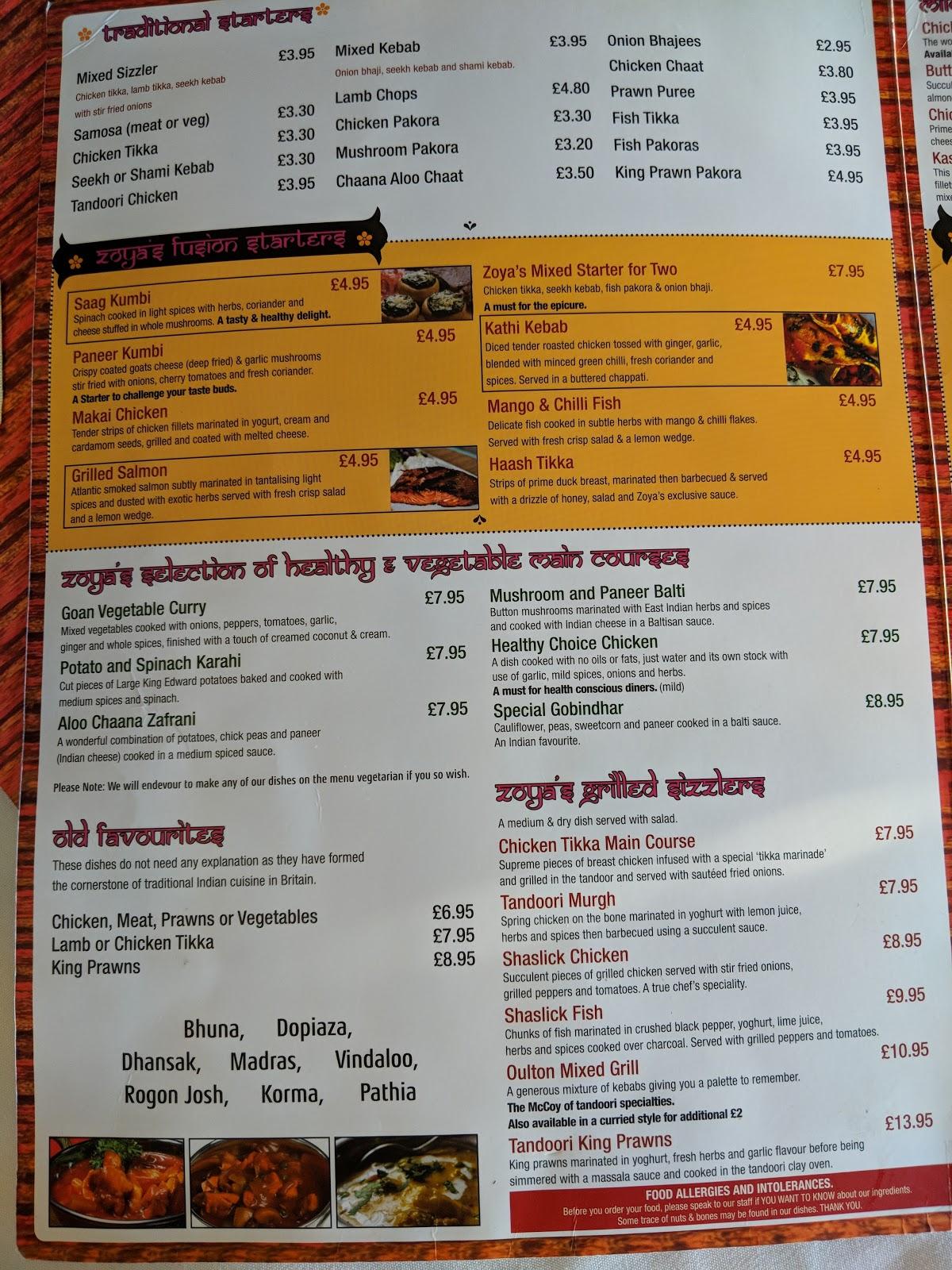 Menu at Zoya Oulton restaurant, Leeds, 76 Aberford Rd
