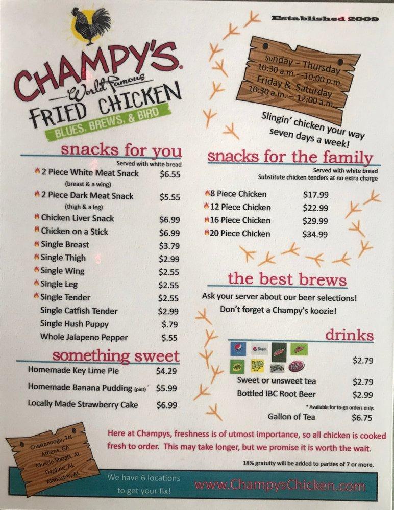 Menu at Champy's Famous Fried Chicken pub & bar, Muscle Shoals
