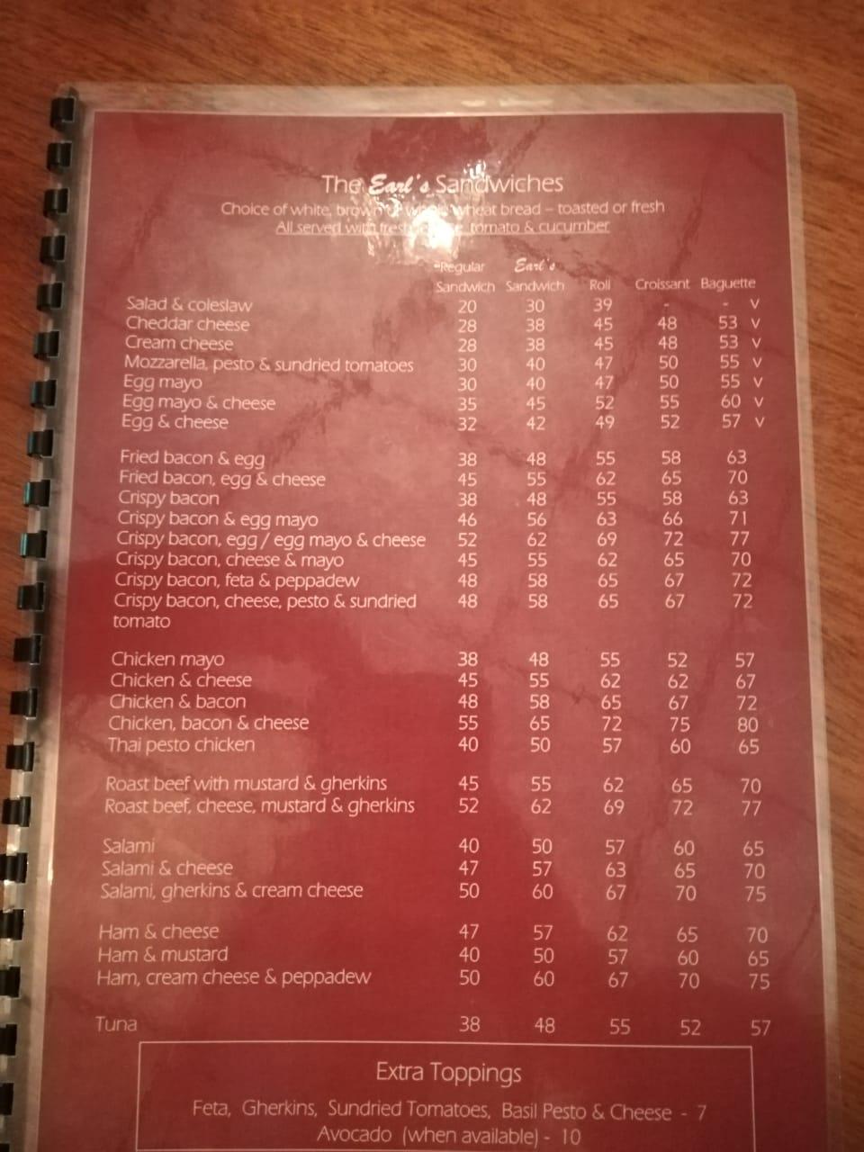 Menu at Earl of Sandwich restaurant, Cape Town
