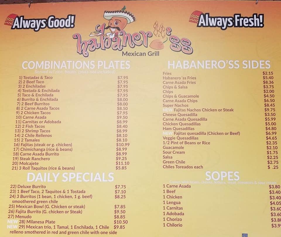 Menu at Habaneros' Mexican Grill restaurant, Trinidad