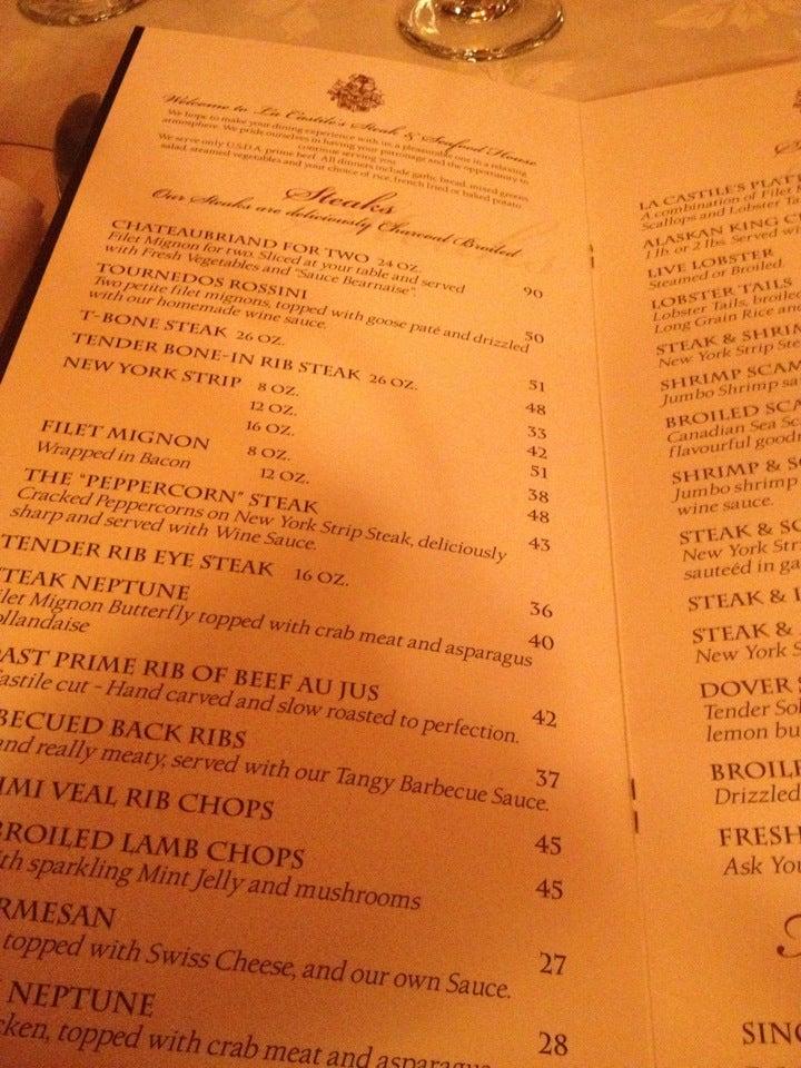 Menu at La Castile steakhouse, Mississauga