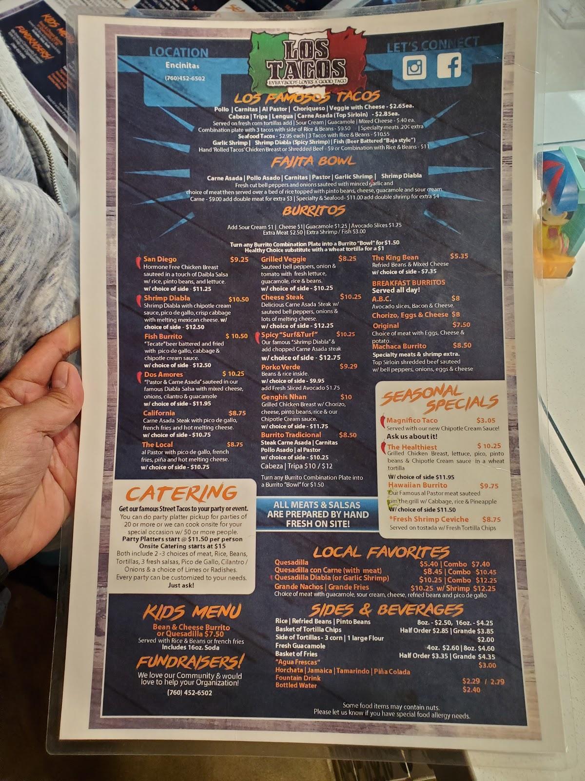Menu at Los Tacos restaurant, Encinitas