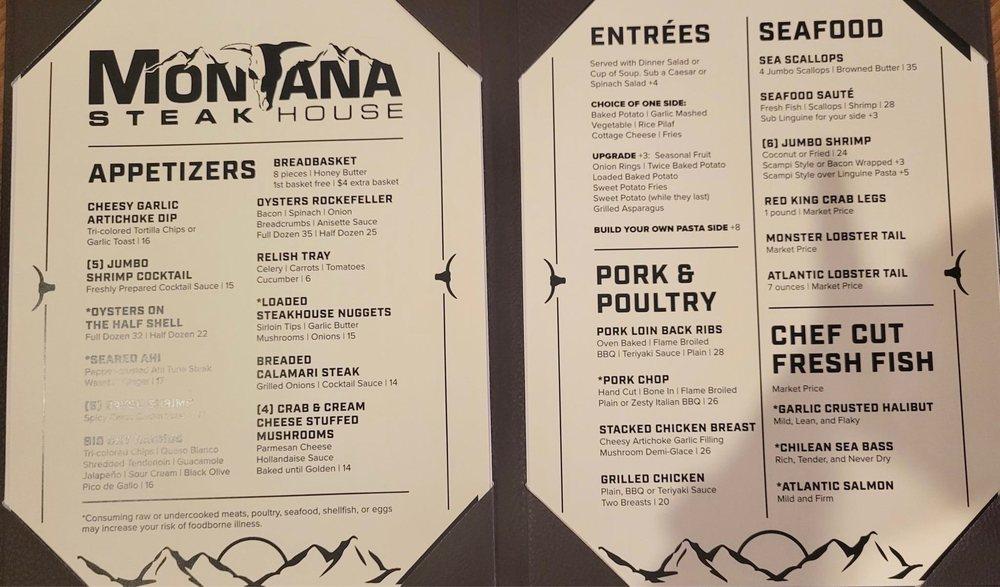 Menu at Montana's steakhouse, Lake Havasu City