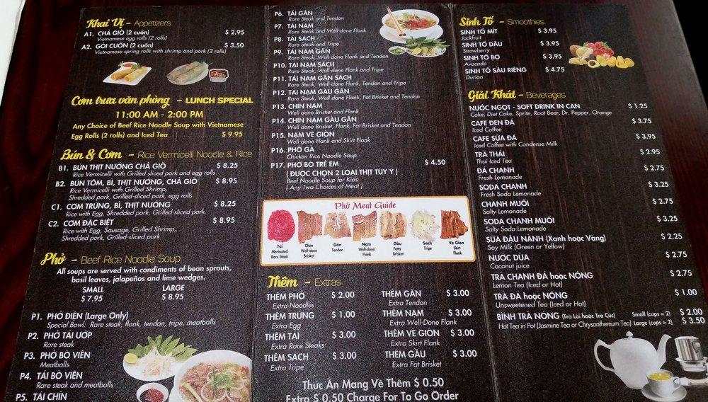 Menu at Pho Dien 1960 restaurant, Humble