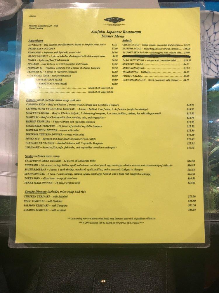 Menu at Senfuku Japannese Restaurant, Rancho Palos Verdes