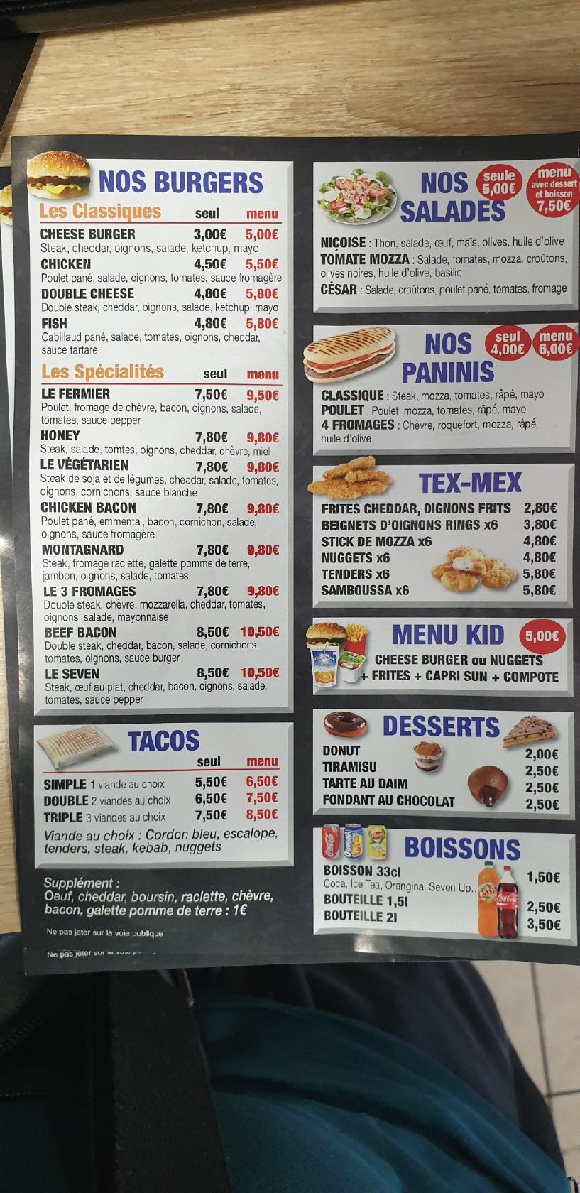 Menu at Seven burgers restaurant, Marseille