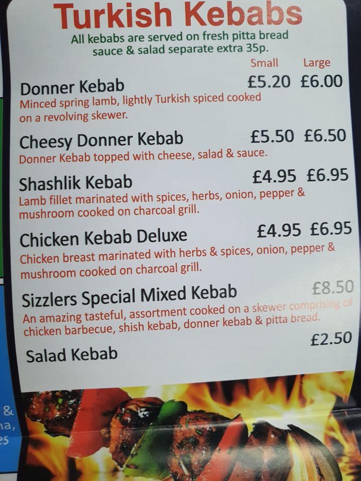 Menu at Sizzlers fast food, Greenock
