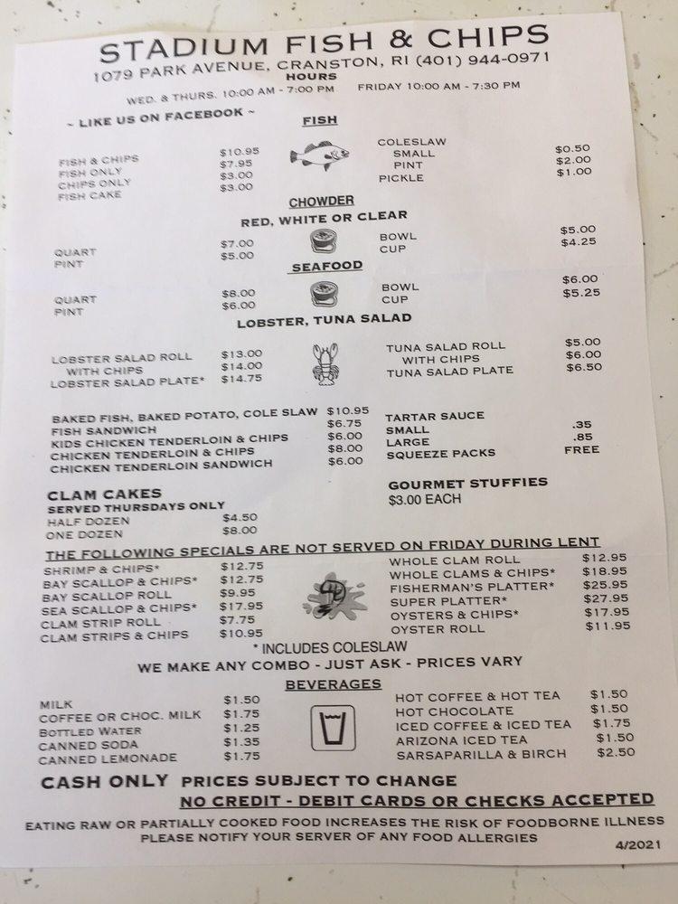 Menu at Stadium Fish & Chips restaurant, Cranston
