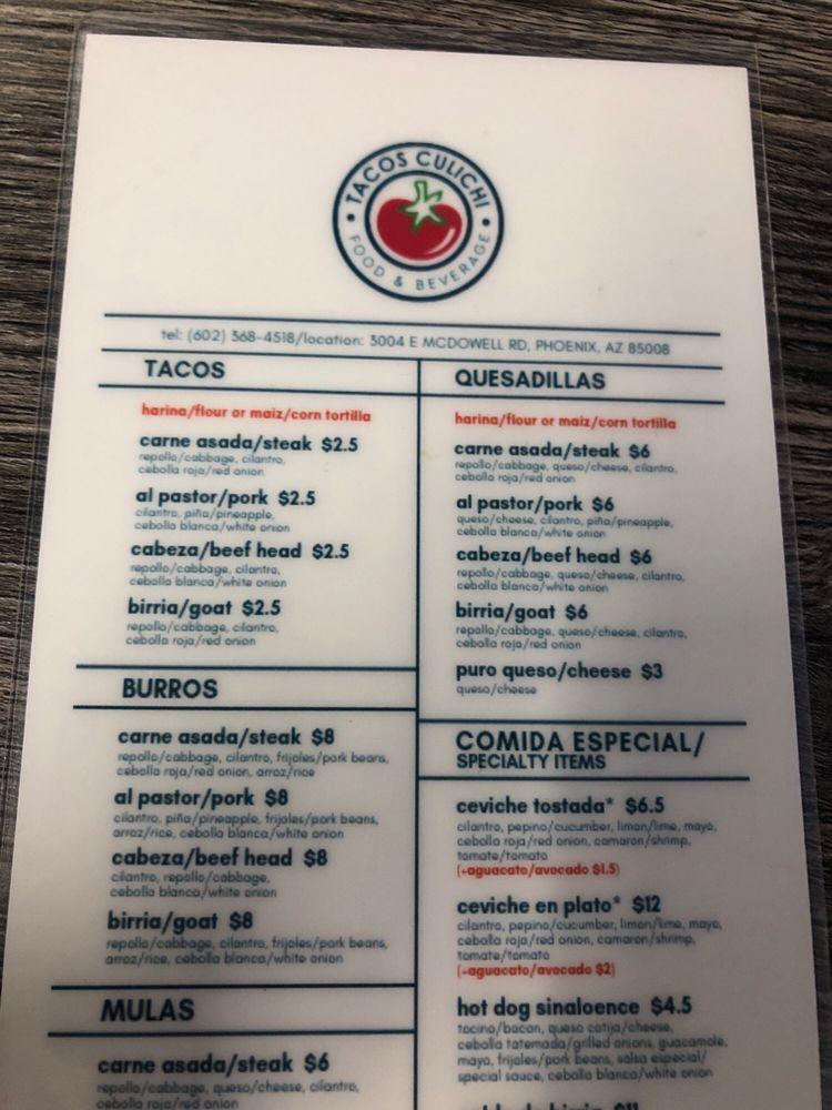 Menu at Tacos Culichi restaurant, Phoenix
