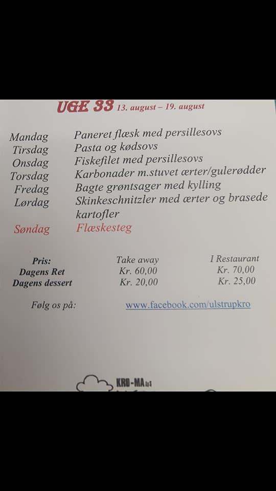Menu at Ulstrup Kro restaurant, Ulstrup