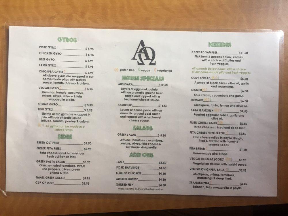 Menu at Alpha Omega Grill & Bakery, Waco