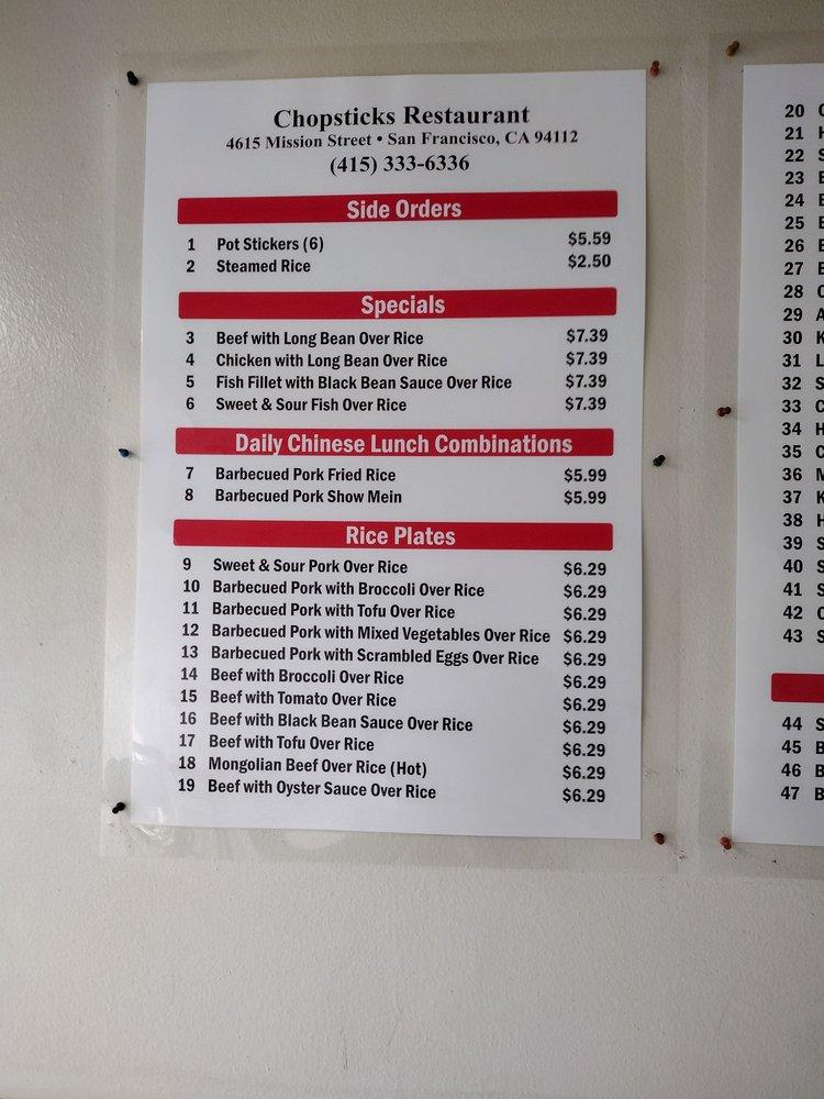 Menu at CHOPSTICKS CHINESE FAST FOOD, San Francisco