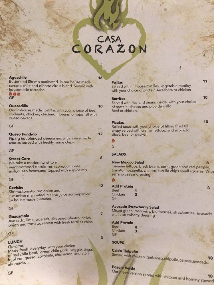 Menu at Casa Corazon Restaurant, Phoenix