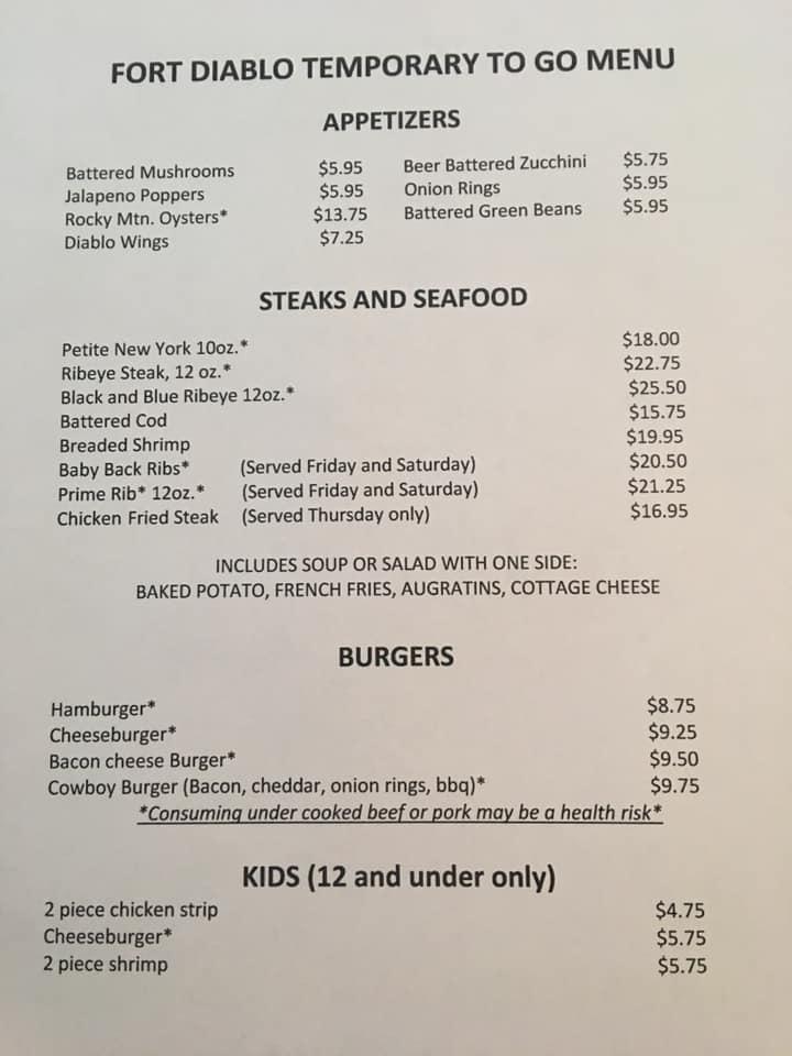 Menu at Frank's Fort Diablo steakhouse, Glenrock, US-87