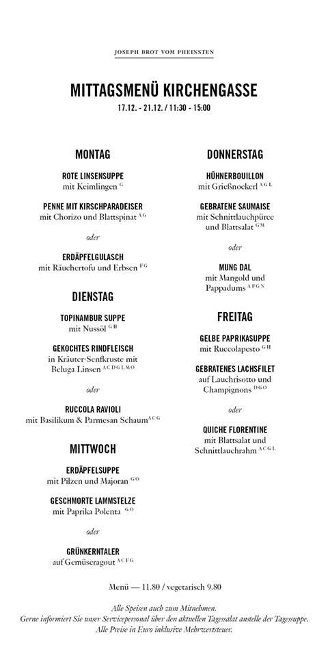 Menu at Joseph Brot Kirchengasse, Vienna