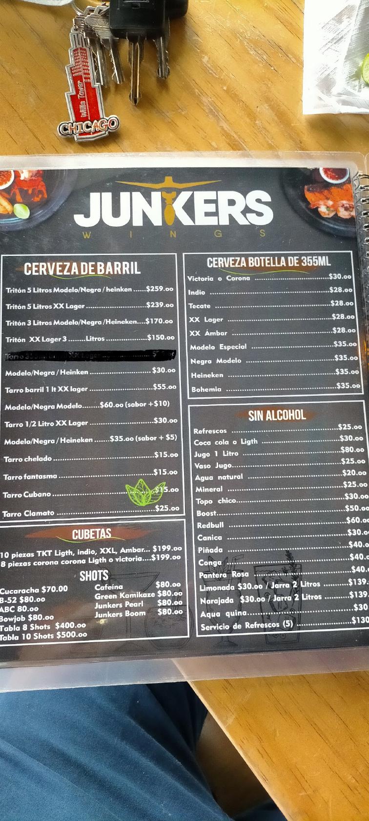 Menu at Junkers wings restaurant, Morelia