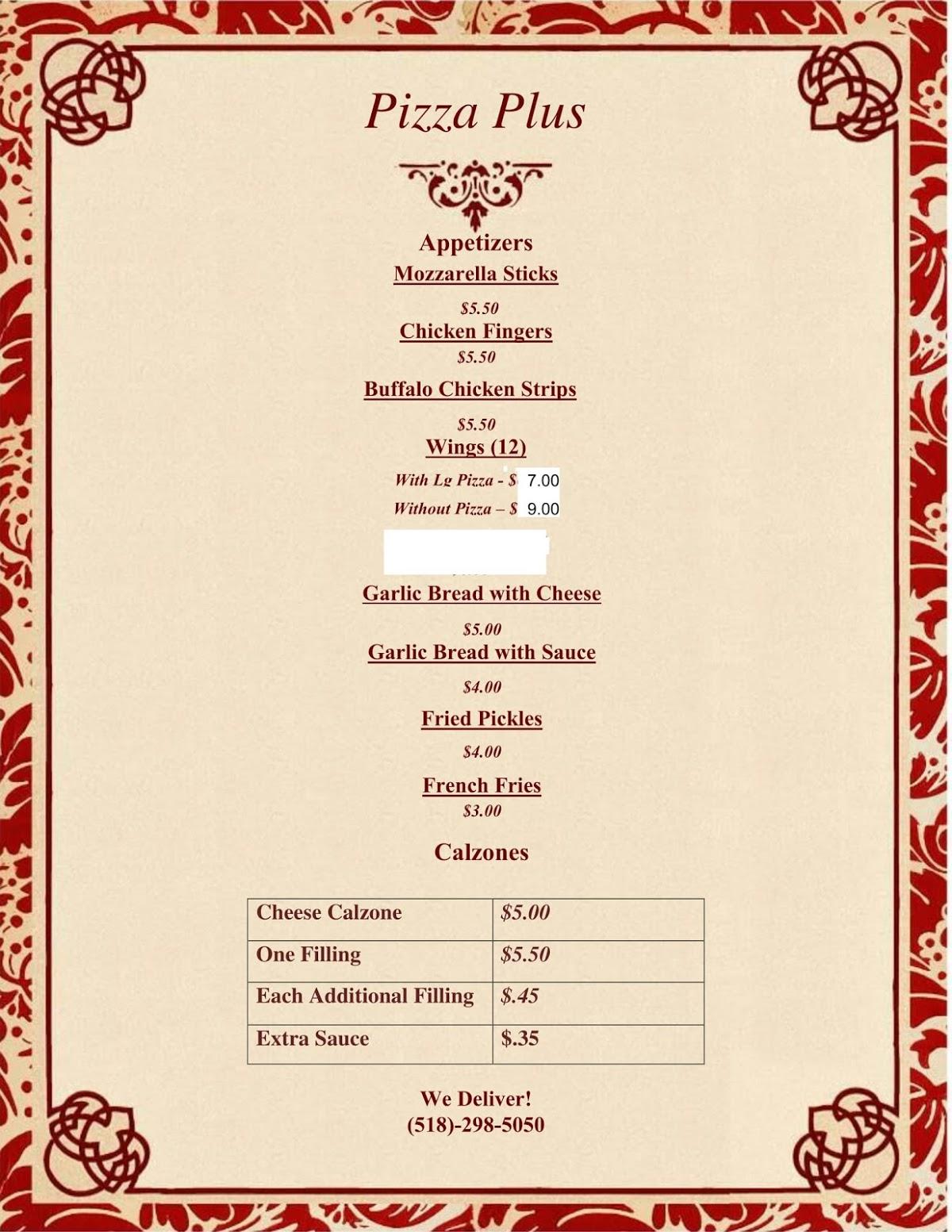 Menu at Pizza Plus pizzeria, Champlain, 880 US-11
