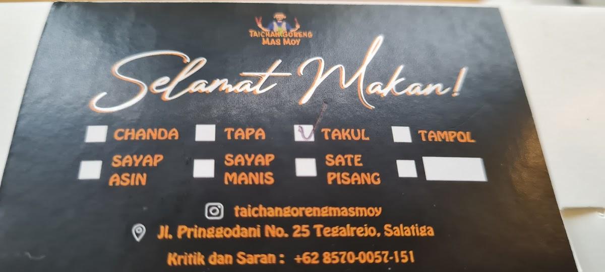 Menu at Taichan Goreng Mas Moy restaurant, Salatiga
