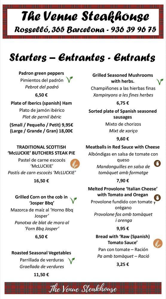 Menu at The Venue Steakhouse, Barcelona, Carrer del Rosselló