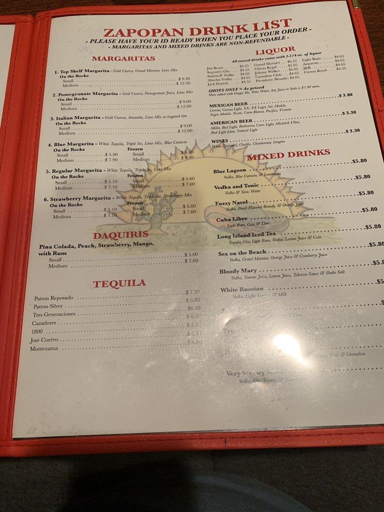 Menu at Zapopan Mexican Restaurant, Calera, 45 Beverly Dr