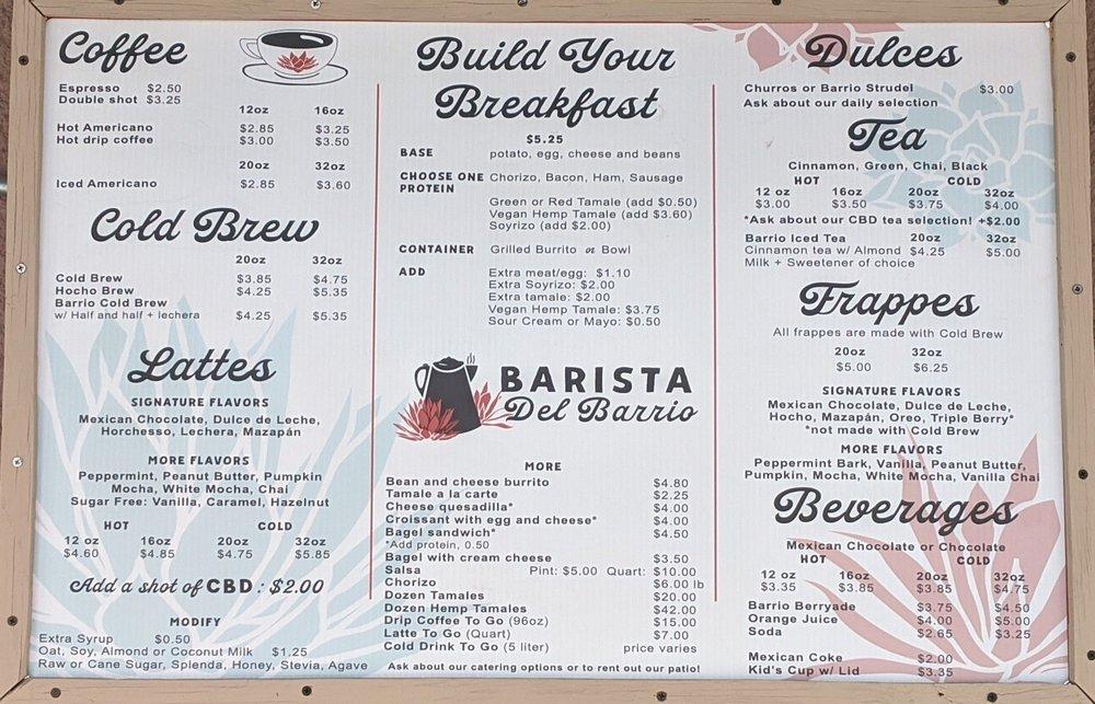 Menu at Barista del Barrio, Tucson