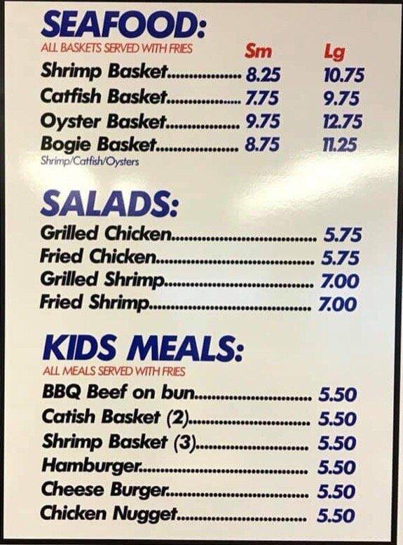Menu at Bogie's BBQ, Columbia