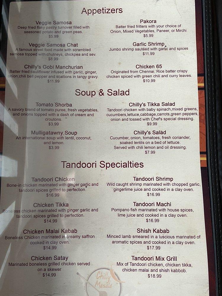 Menu at Chilly Masala Indian Cuisine restaurant, Winter Haven