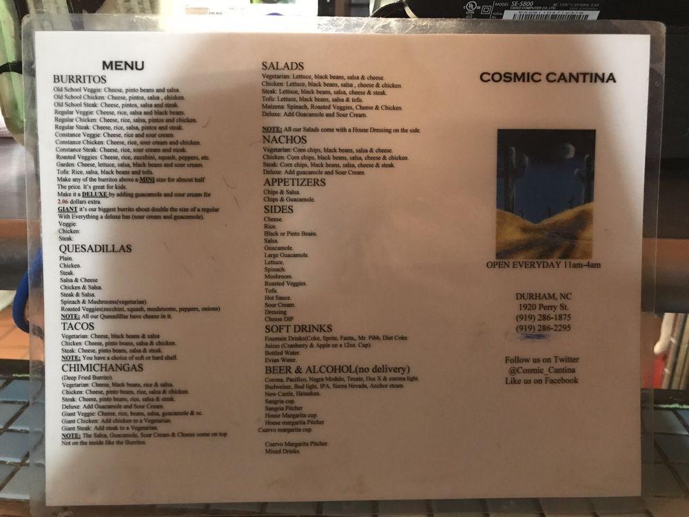 Menu at Cosmic Cantina restaurant, Durham