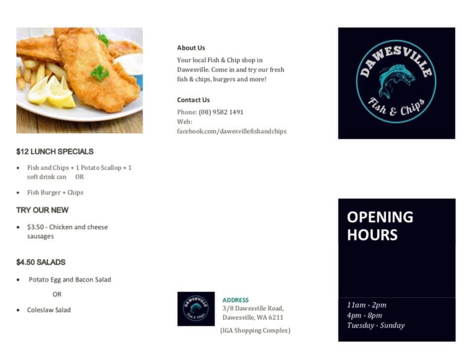 Menu at Dawesville Fish & Chips restaurant, Wannanup