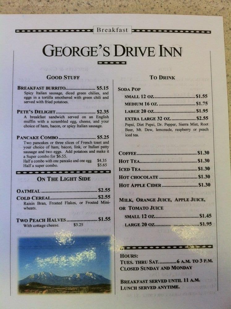 Menu at George's Drive Inn restaurant, Walsenburg