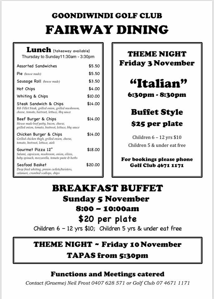 Menu at Goondiwindi Golf Club Kitchen, Goondiwindi
