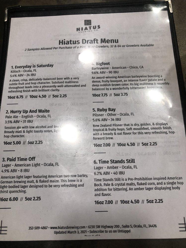 Menu at Hiatus Brewing Company pub & bar, Ocala