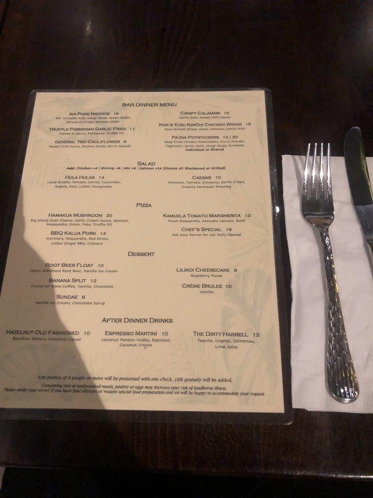 Menu at Hula Hula's restaurant, Hilo