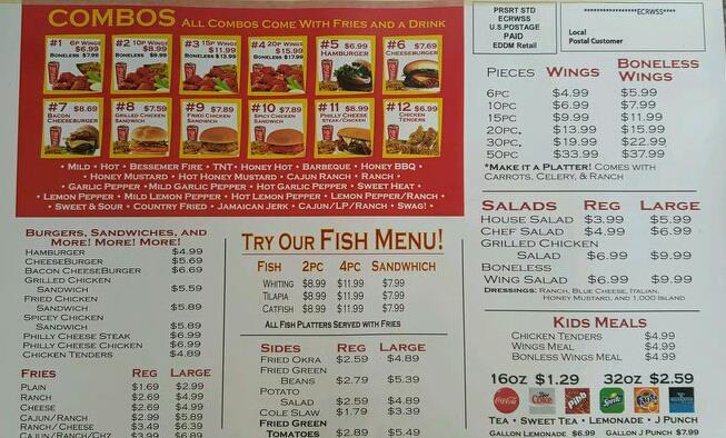Carta del restaurante J Wings, Bessemer, 9th Ave SW