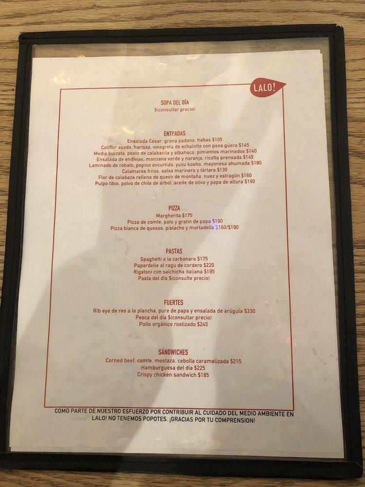 Carta de pizzería Lalo!, Ciudad de México, Zacatecas 173
