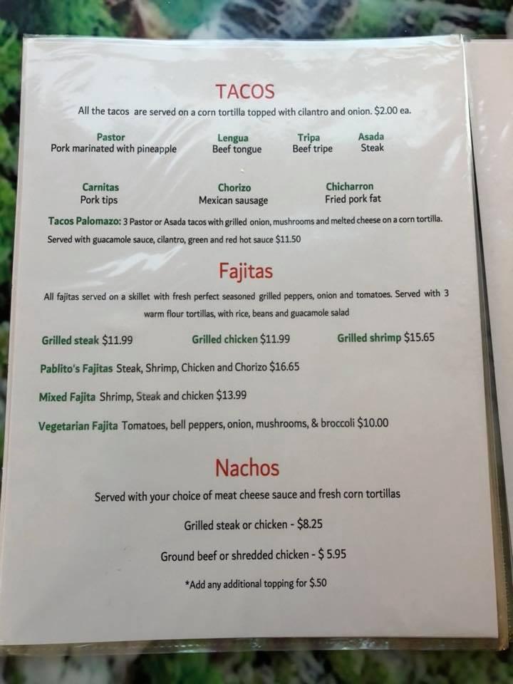 Menu at Pablito's Taqueria restaurant, Osage Beach