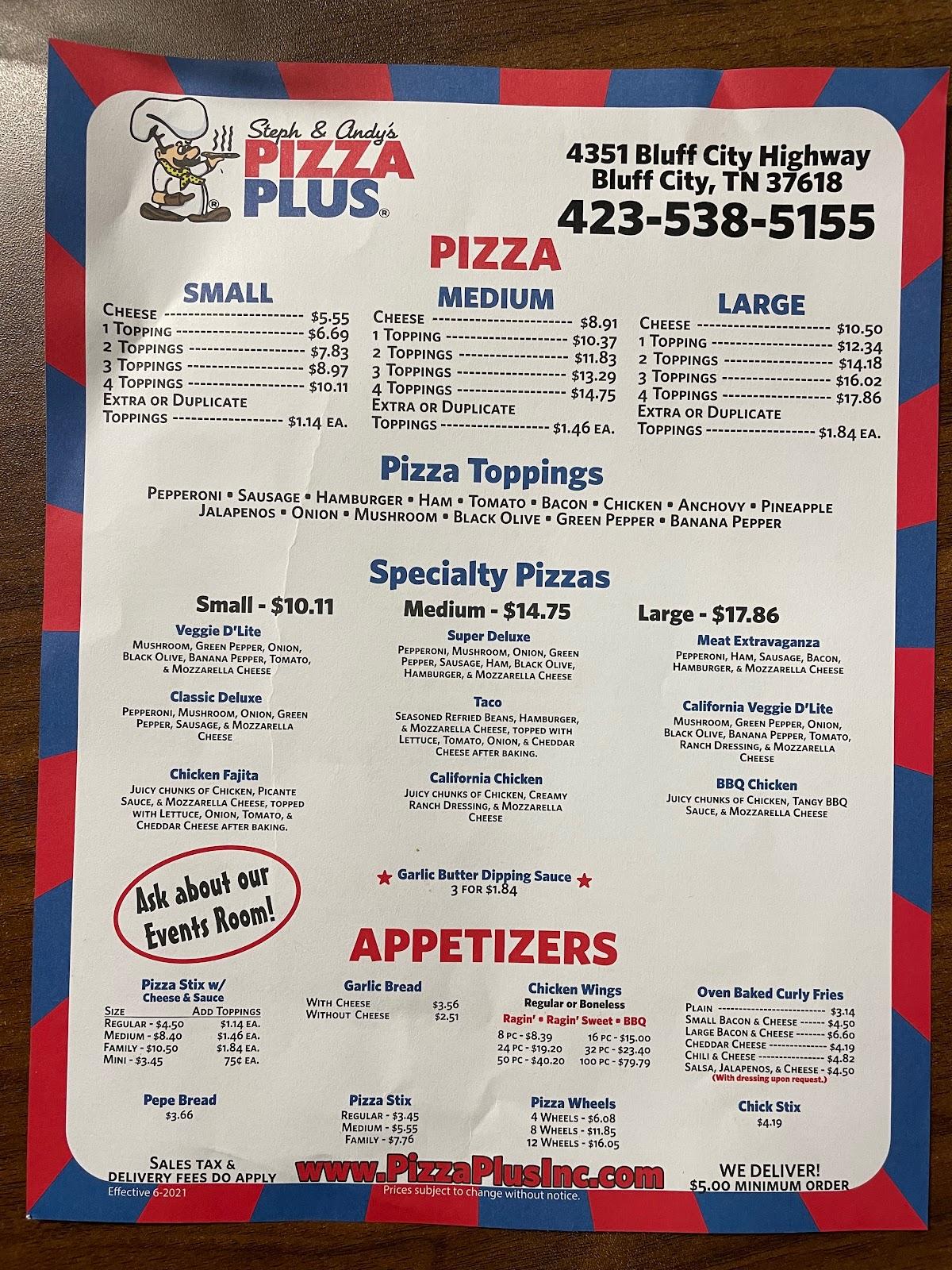 Menu at Pizza Plus pizzeria, Bluff City