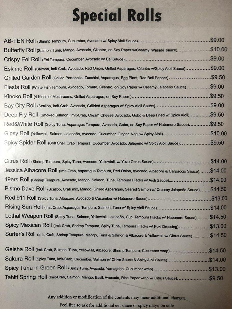 Carta de Ten Japan Japanese Restaurant, Gilroy