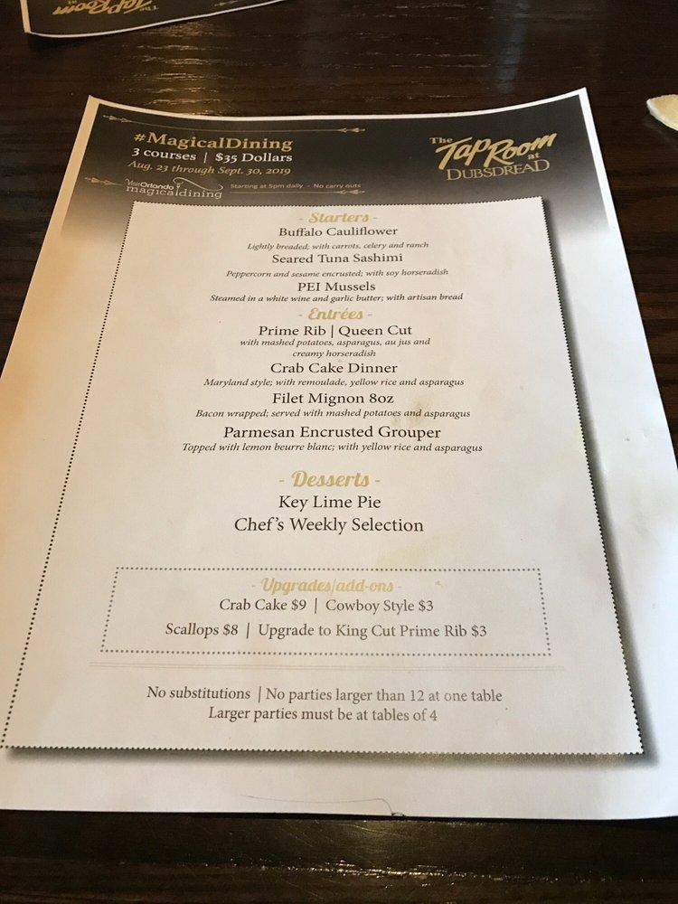 Menu at The Tap Room at Dubsdread restaurant, Orlando