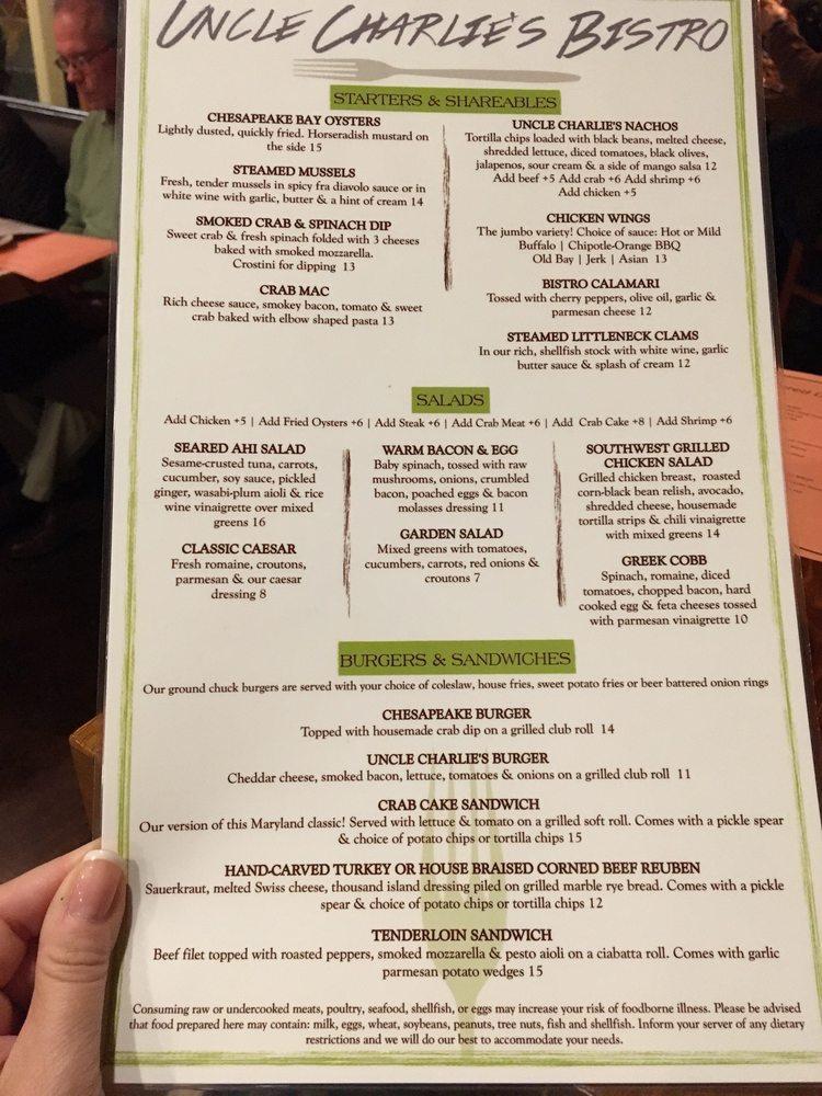 Menu at Uncle Charlie's Bistro pub & bar, Chestertown