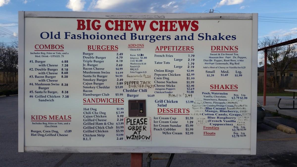 Menu at Big Chew Chew's Burgers restaurant, Temple