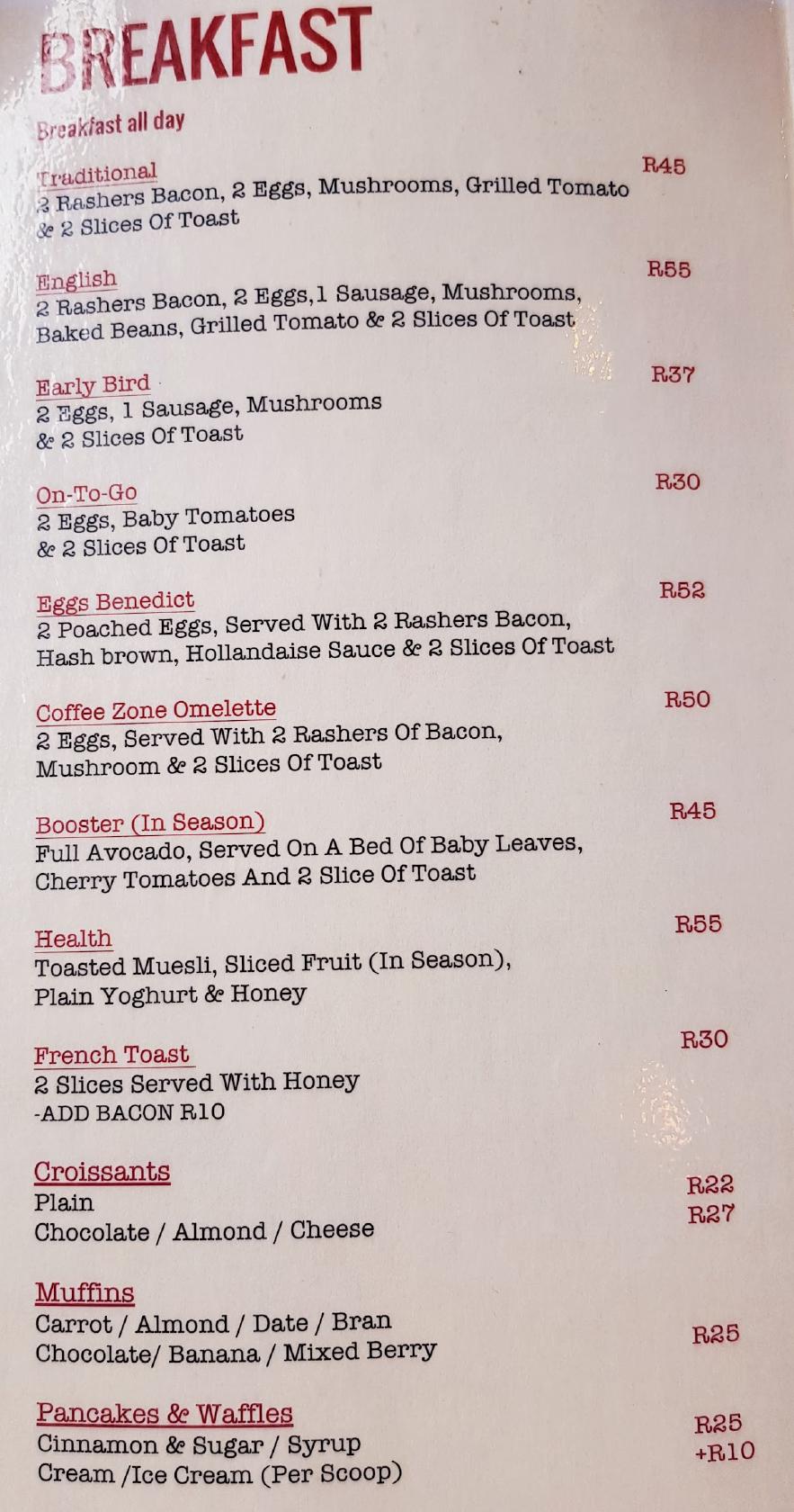 Menu at Coffee Zone restaurant, Cape Town