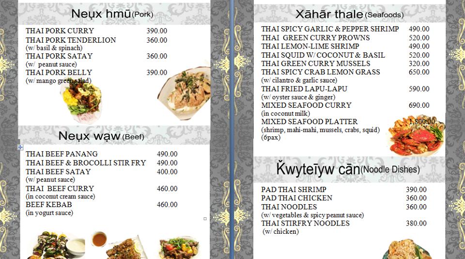 Menu at Crown Thai restaurant, Angeles