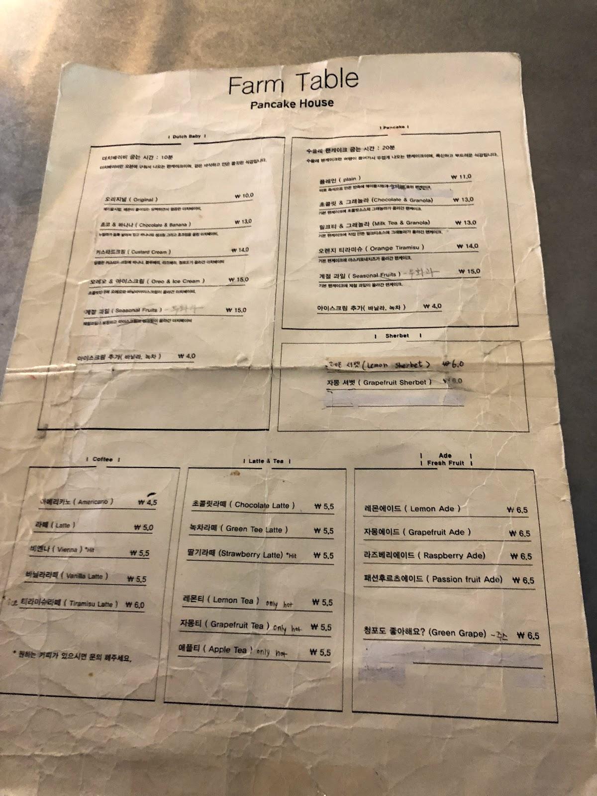 Menu at Farm Table cafe, Daegu, 109 Dongseong-ro 4-gil