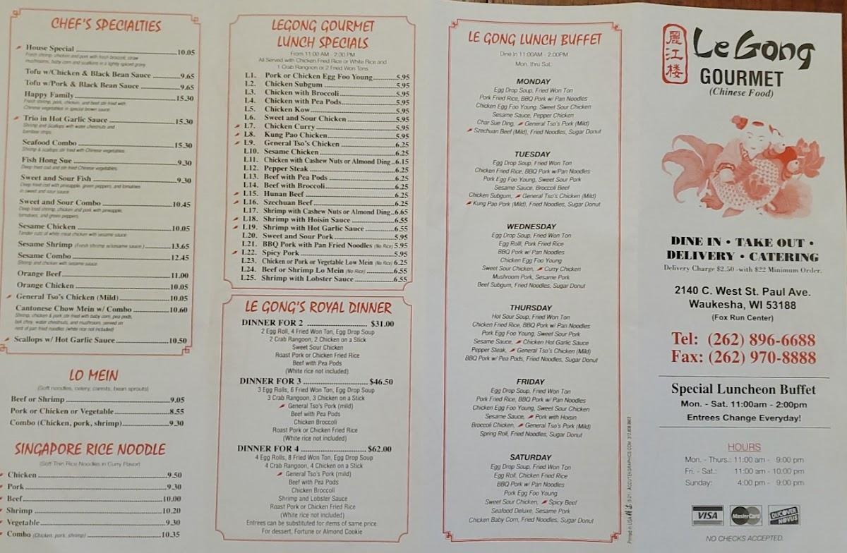 Menu at Le Gong Gourmet restaurant, Waukesha