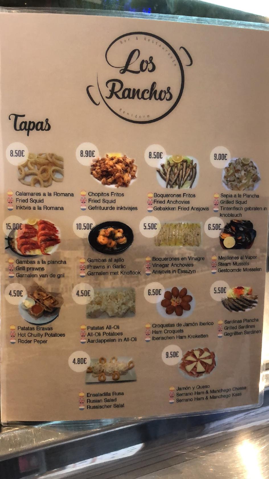 Menu at Restaurante los Ranchos, Benidorm
